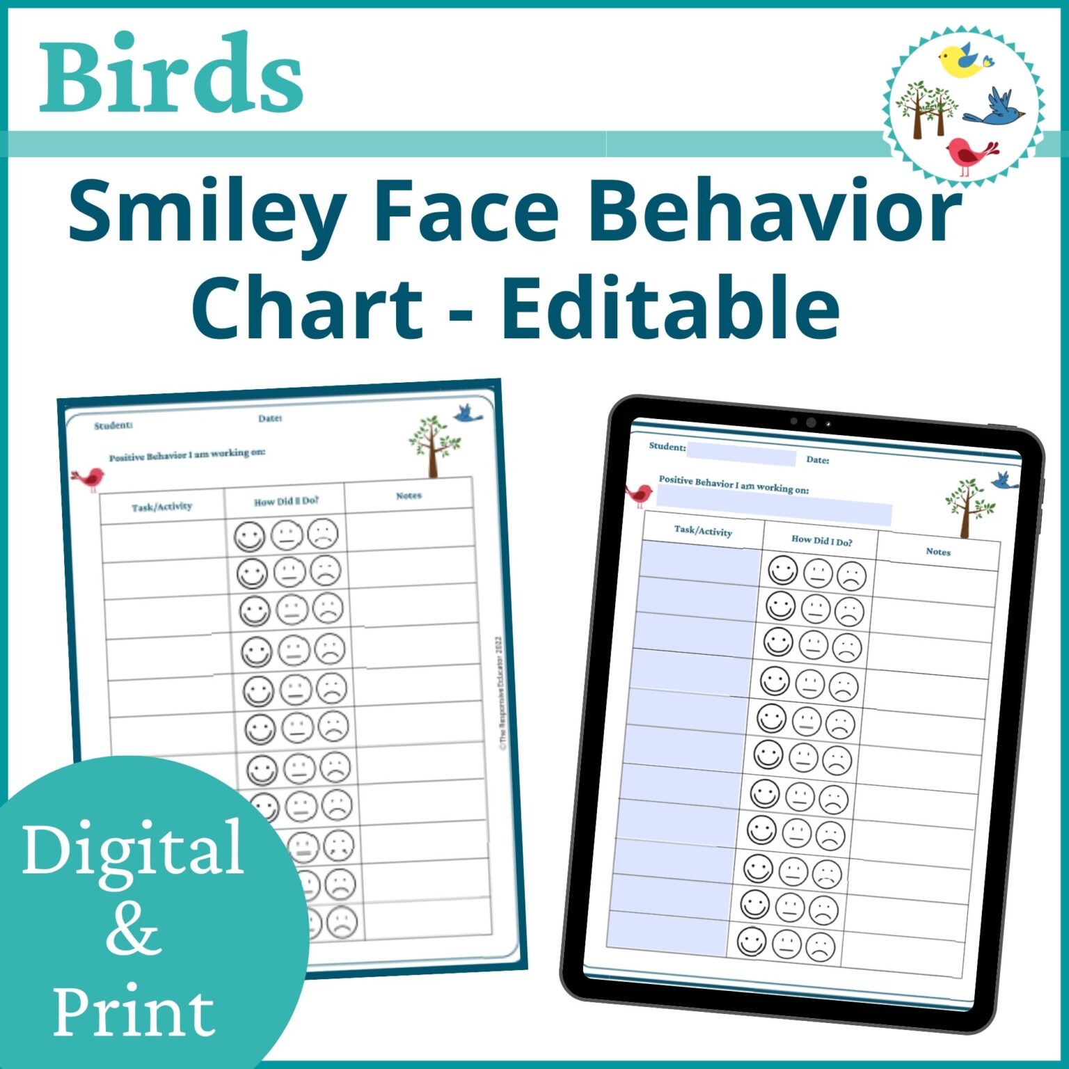 Smiley Face Behavior Chart - Birds Theme - Behavior Interventions for ...