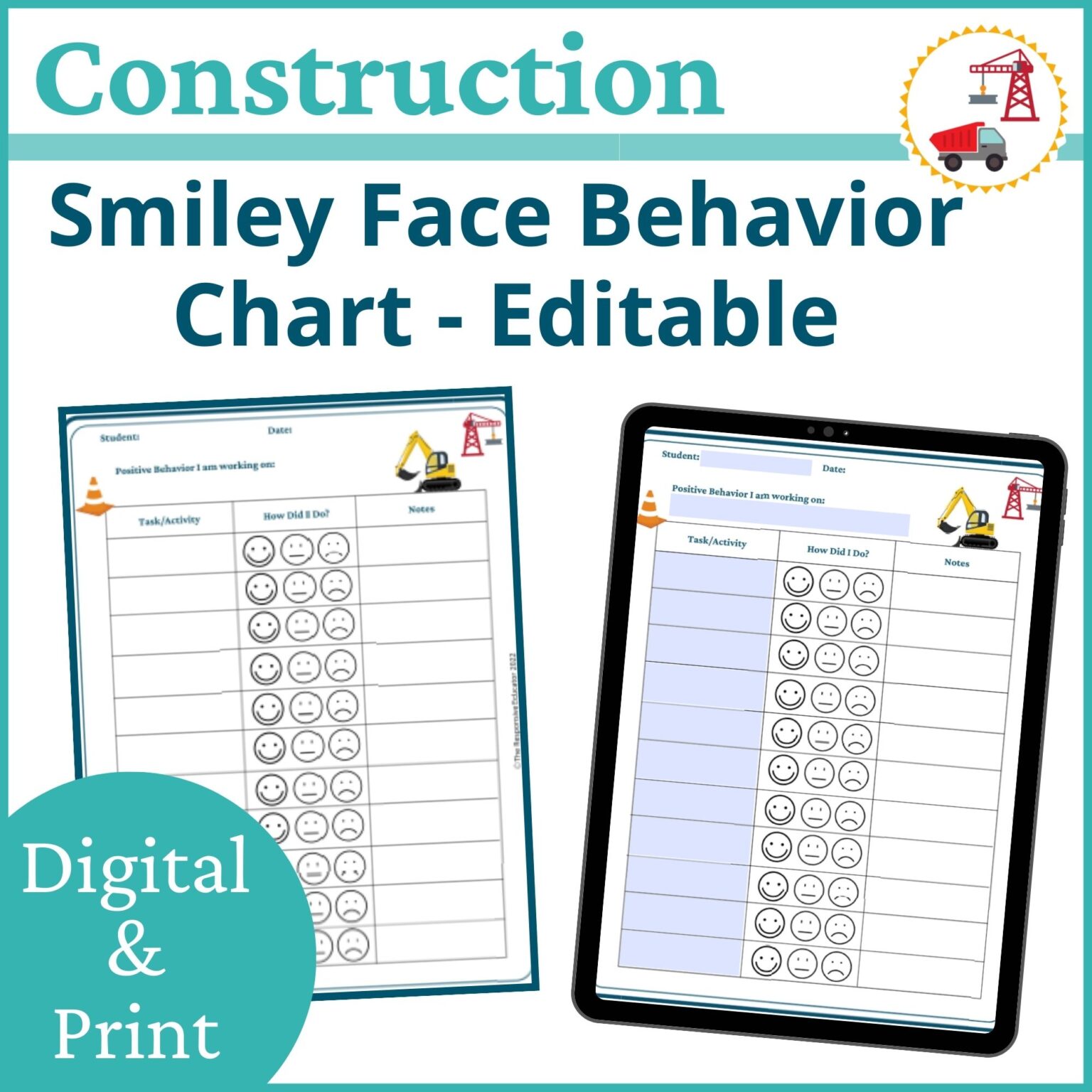 Smiley Face Behavior Chart - Construction Theme - Behavior ...