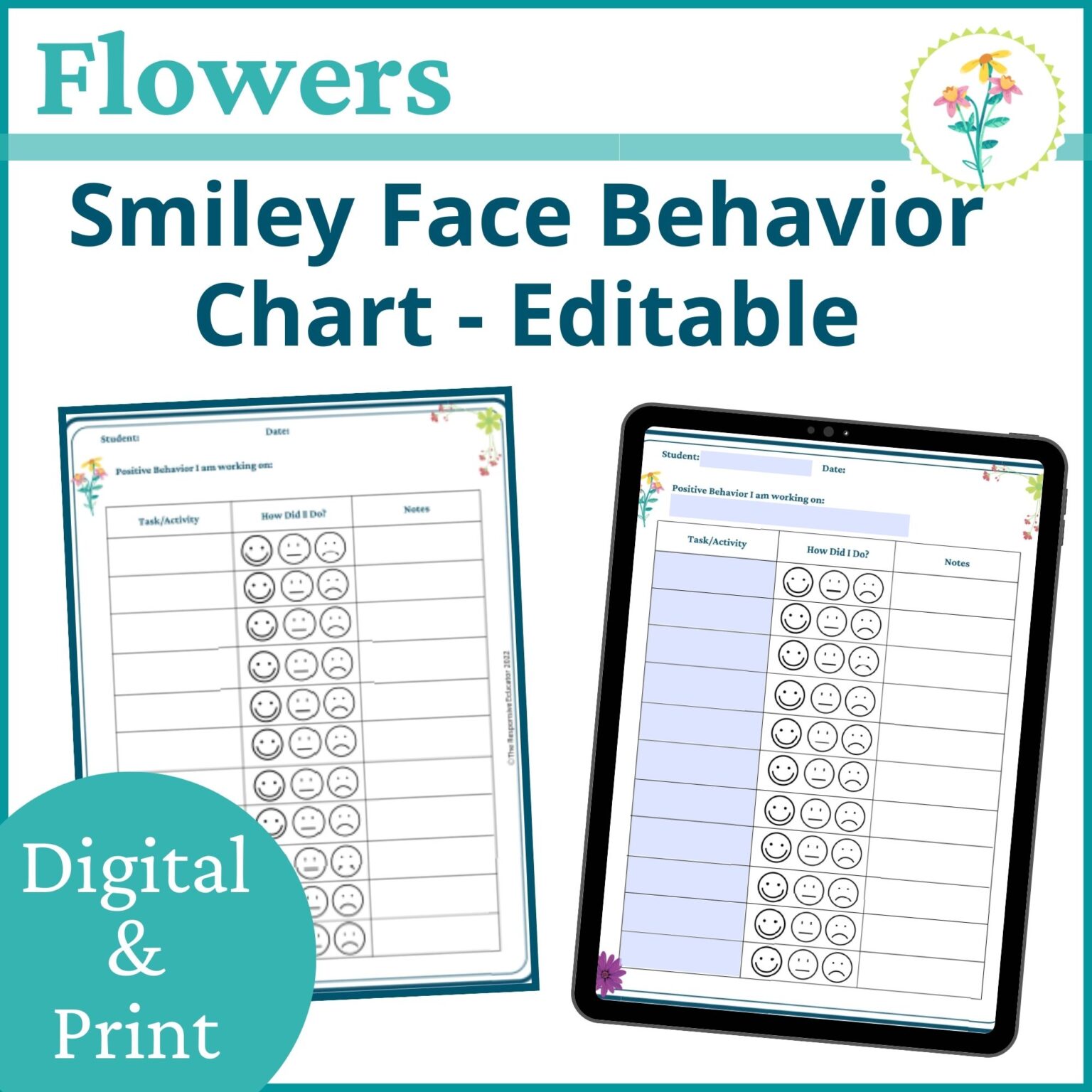 Smiley Face Behavior Chart - Flowers Theme - Behavior Interventions for ...
