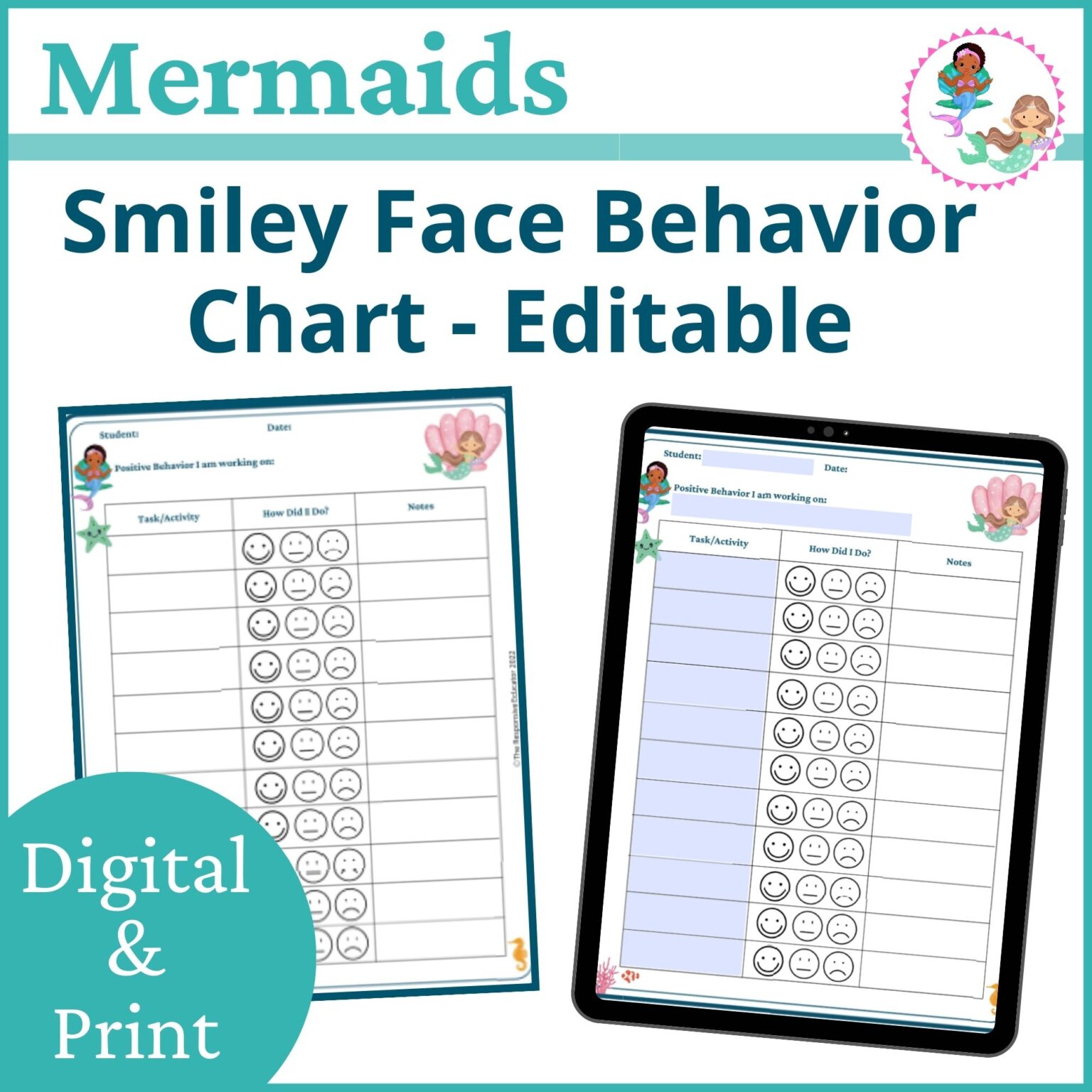 Smiley Face Behavior Chart - Mermaids Theme - Behavior Interventions ...