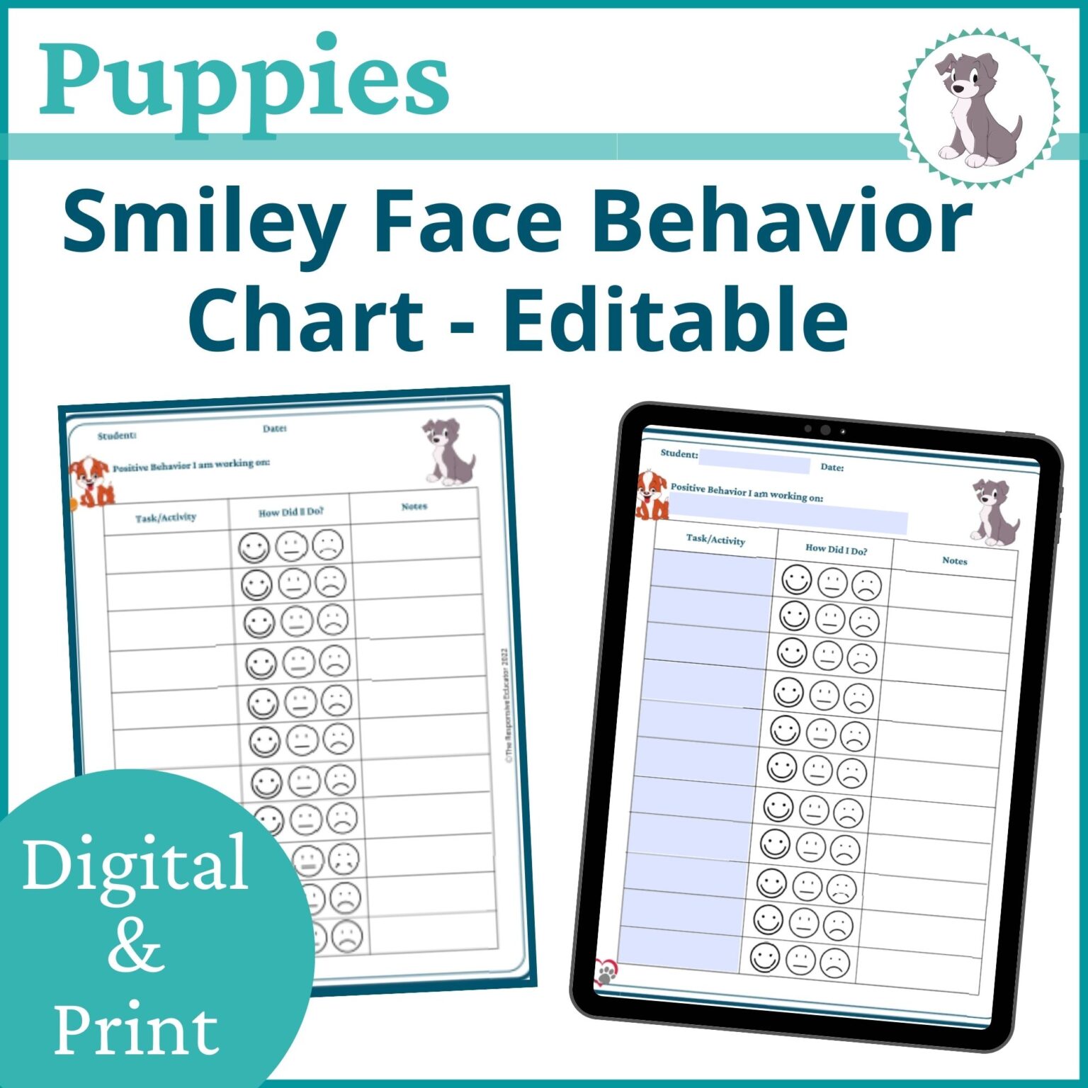 Smiley Face Behavior Chart - Puppies Theme - Behavior Interventions for ...