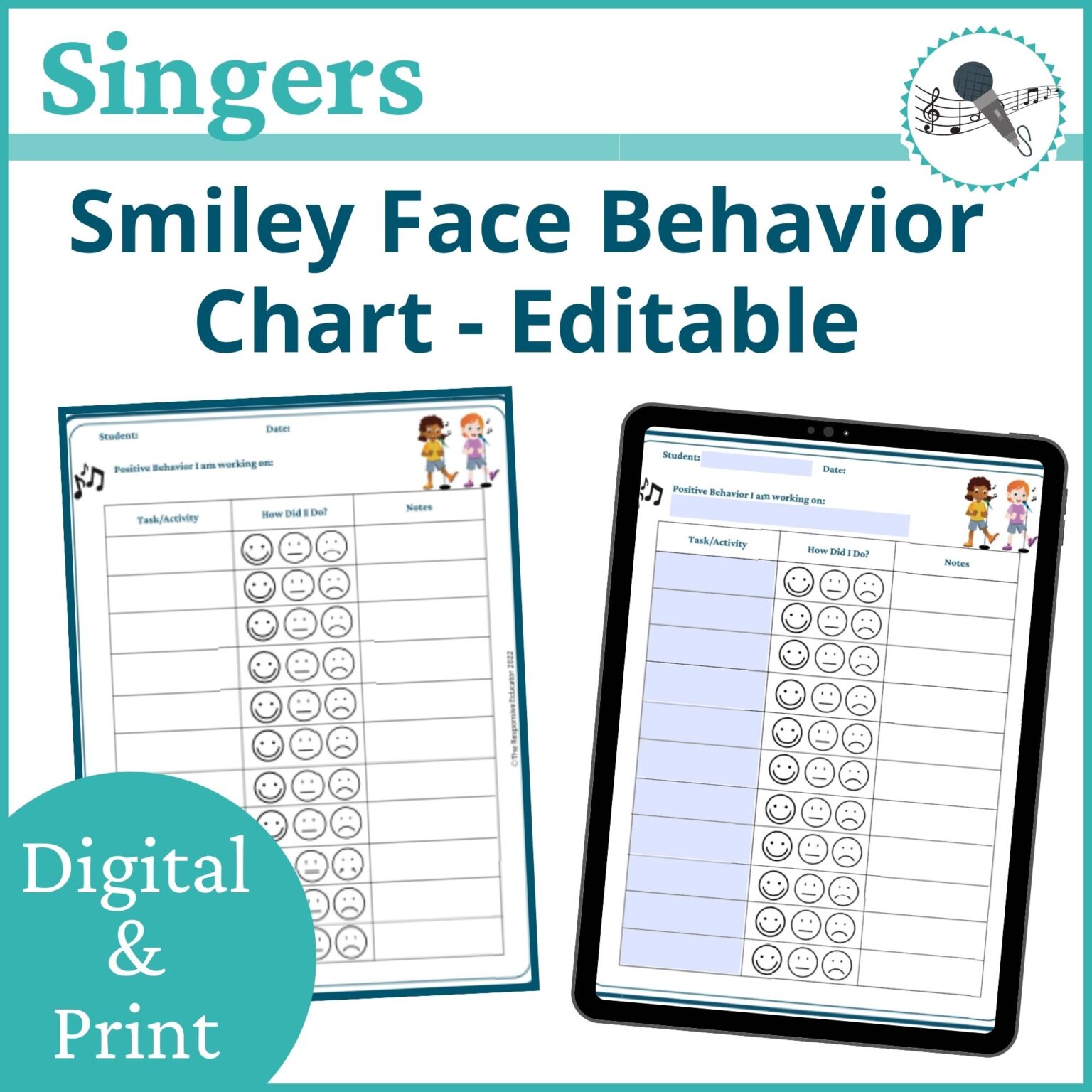 Smiley Face Behavior Chart - Singers Theme - Behavior Interventions for ...